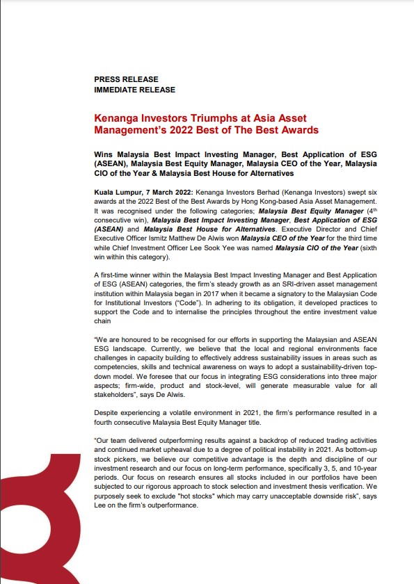 Kenanga Investors Triumphs at Asia Asset Management's 2022 Best of The ...