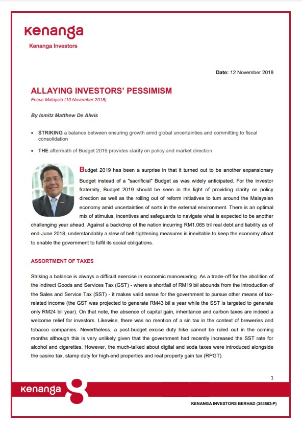 Focus Malaysia: Allaying Investors' Pessimism | Kenanga Investors Berhad
